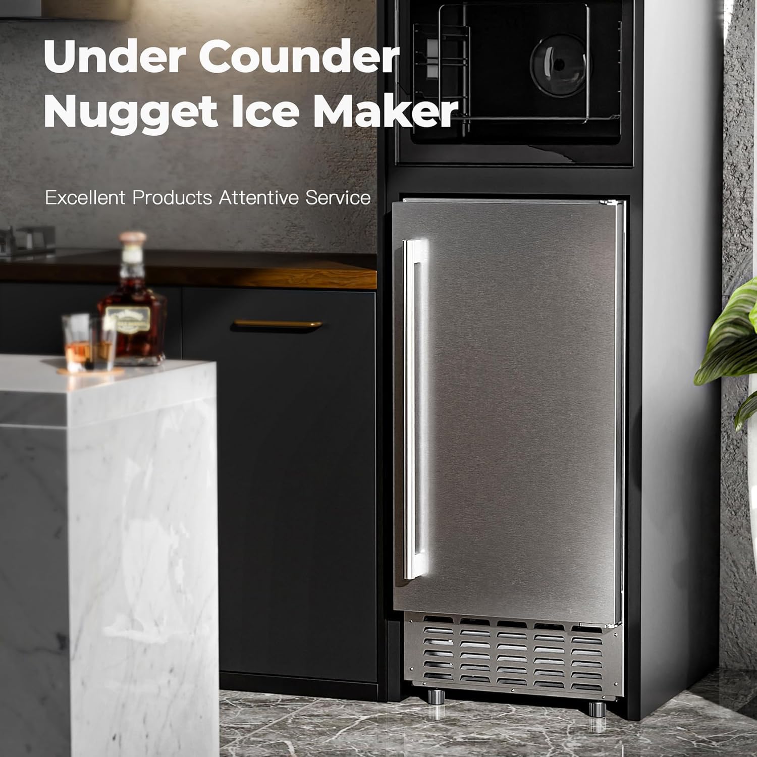 Under Counter Nugget Ice Maker Machine with Drain Pump, 70Lbs/Day, Built-in Nugget Ice Machine with Pebble Ice, 24H Timer & Self-Cleaning, Double ice Baskets, UnderCounter Ice Machine for Home Use