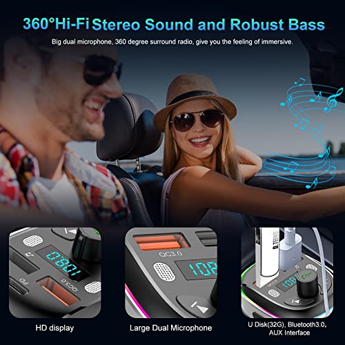 LUPATDY Bluetooth 5.3 FM Transmitter Car Adapter with Dual Mics and Noise Cancellation, 7Colors Light, HiFi Bass Sound, QC &PD Fast Charging AUX Car Bluetooth Wireless Stereo Audio