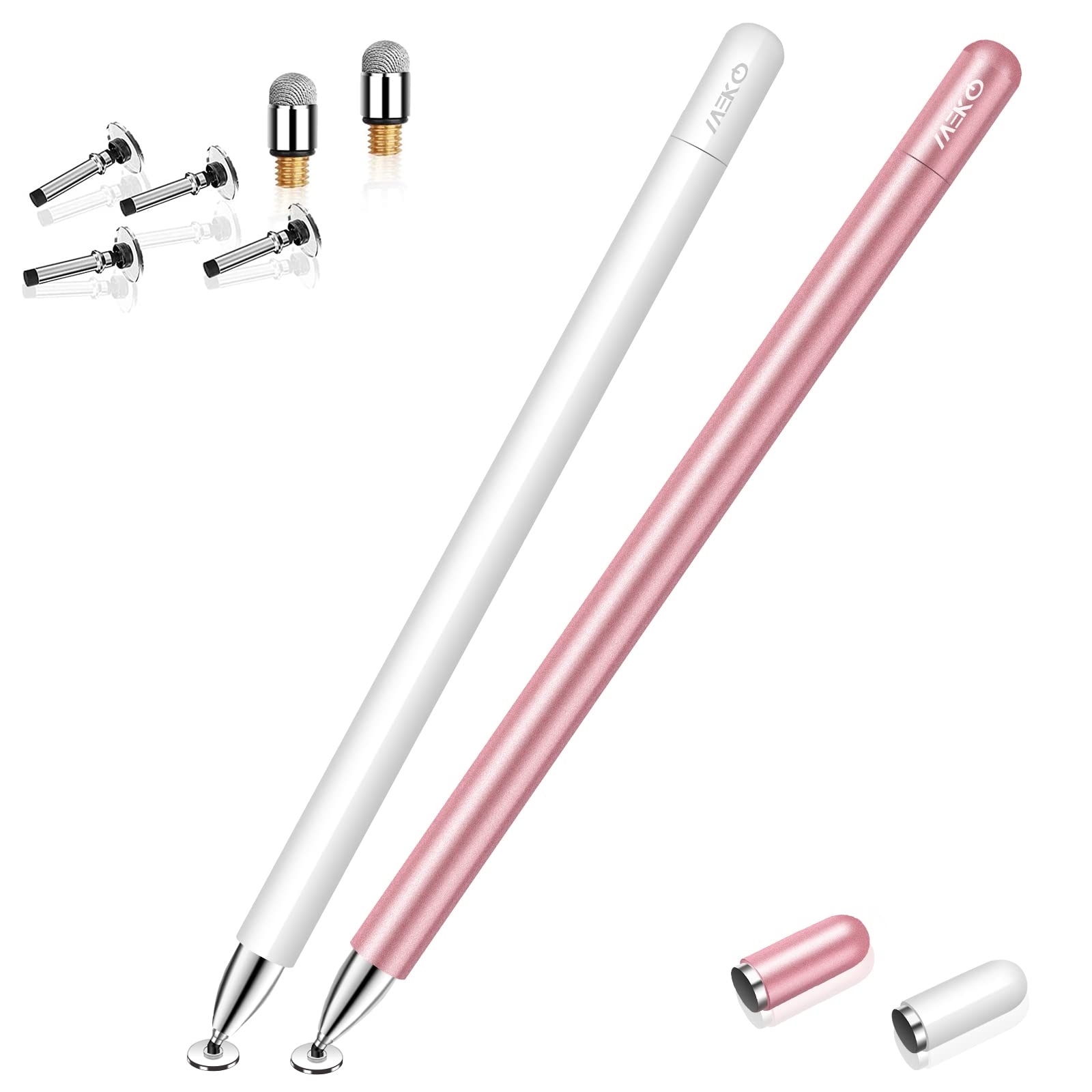 Stylus Pens for iPad(2 Pack) - MEKO 2 in 1 High Sensitivity Stylus Pencil for All Touch Screens with Magnetic Caps Compatible with Apple iPad, iPhone, Android, Microsoft Tablets -White/Rose Gold