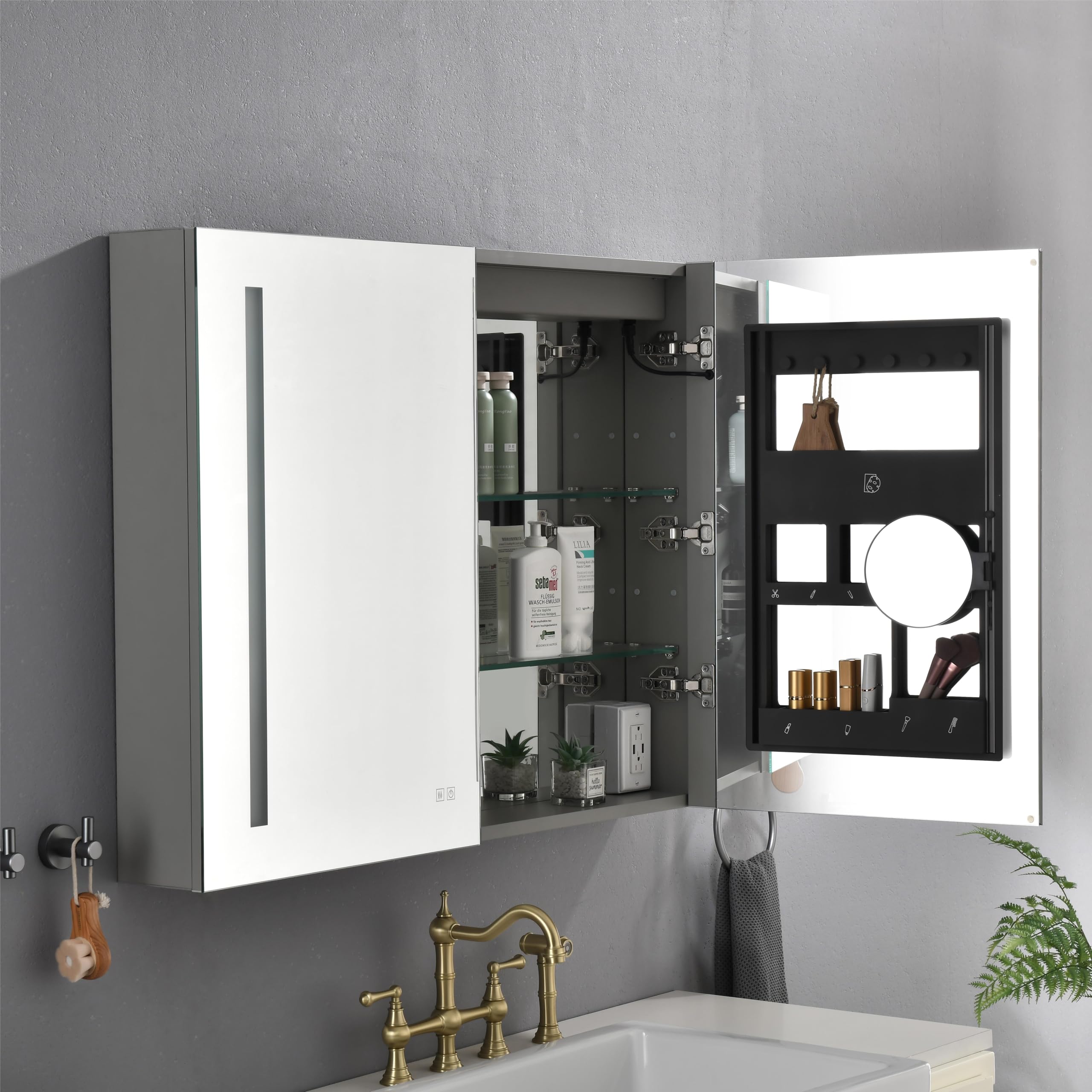 THNIKRE Medicine Cabinet with Lights, 40"X30" Anti-Fog Recessed Or Surface Medicine Cabinet with Mirror, with Electrical Outlet & USB, 3X Makeup Mirror, Dimmable, Adjustable Color Temperature