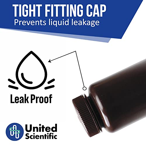 United Scientific™ 33465 | Laboratory Grade HDPE Wide Mouth Amber Reagent Bottle | Designed for Laboratories, Classrooms, or Storage at Home | 500ml (16oz) Capacity | Pack of 12