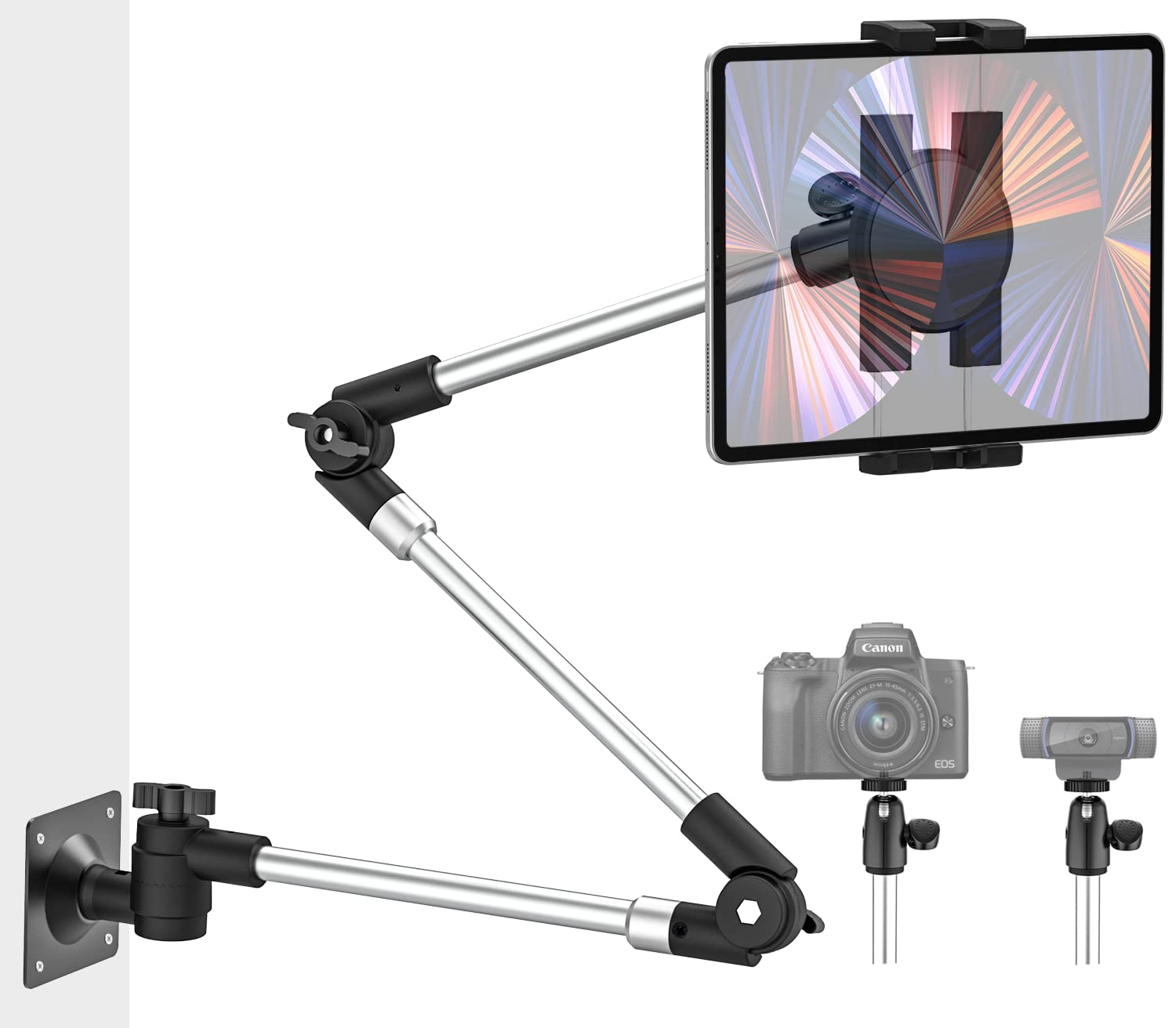 Tablet Wall Mount for iPad, 35in Adjustable Arm Drill Base Tablet Mount for Kitchen Cabinet Desk, Camera Holder Webcam Stand for iPad Pro 12.9 Air Mini, Galaxy Tabs, Switch,iPhone,4-13" Tablets
