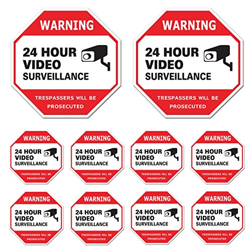 Video Surveillance Sign 10 Pack, CCTV 24 Hour Warning Sticker Door Window Yard Sign, Indoor & Outdoor Use (2-6x6", 8-3x3" Decal)