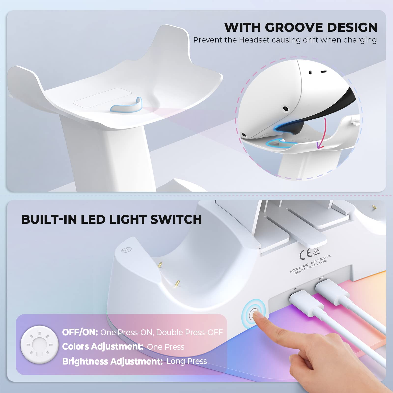 RGB Charging Dock for Meta Quest 2, VR Headset Stand & Controllers, Magnetic Fast Charger Docking Station Stand, 2200mAh Rechargeable Batteries, 7 Lighting Modes and Fantastic Gaming Atmosphere Light