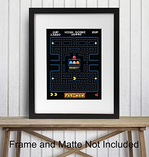 Pacman Arcade Game Poster - 8x10 Pac Man Wall Decor - Cool Unique Gift for Boys, Men, Gamer, Video Game, Arcade Games, Xbox, Nintendo, Gaming Fan - Game Room Decor