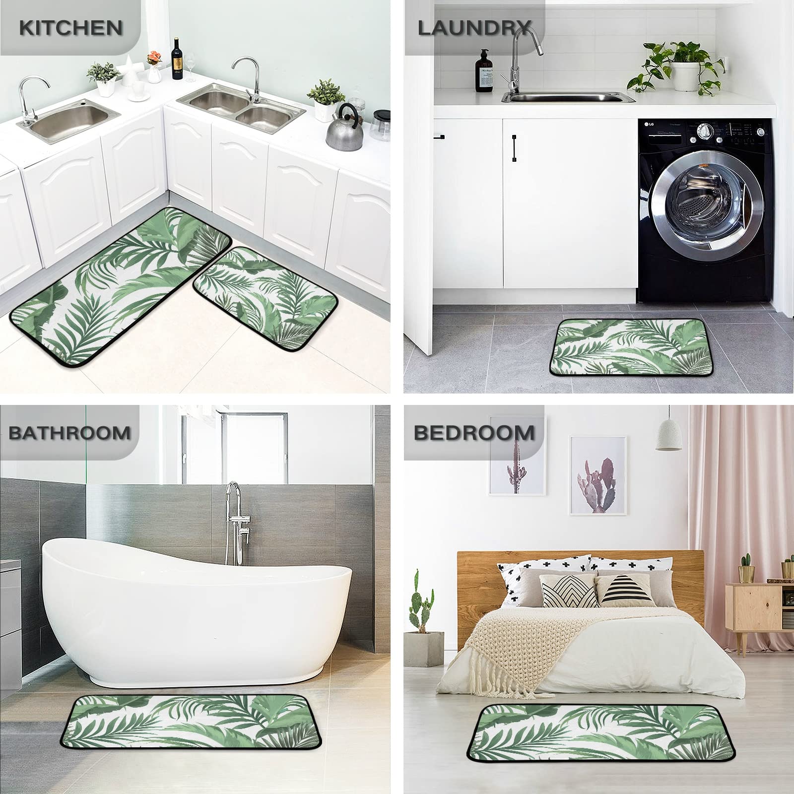 Palm Leaf Tropical Plant Kitchen Rugs and Mats 2 Pieces Anti Fatigue Kitchen Rug Set Non-Slip Bath Mat Entry Floor Carpet Entrance Door Mat Runner 20"x28"+20"x47"
