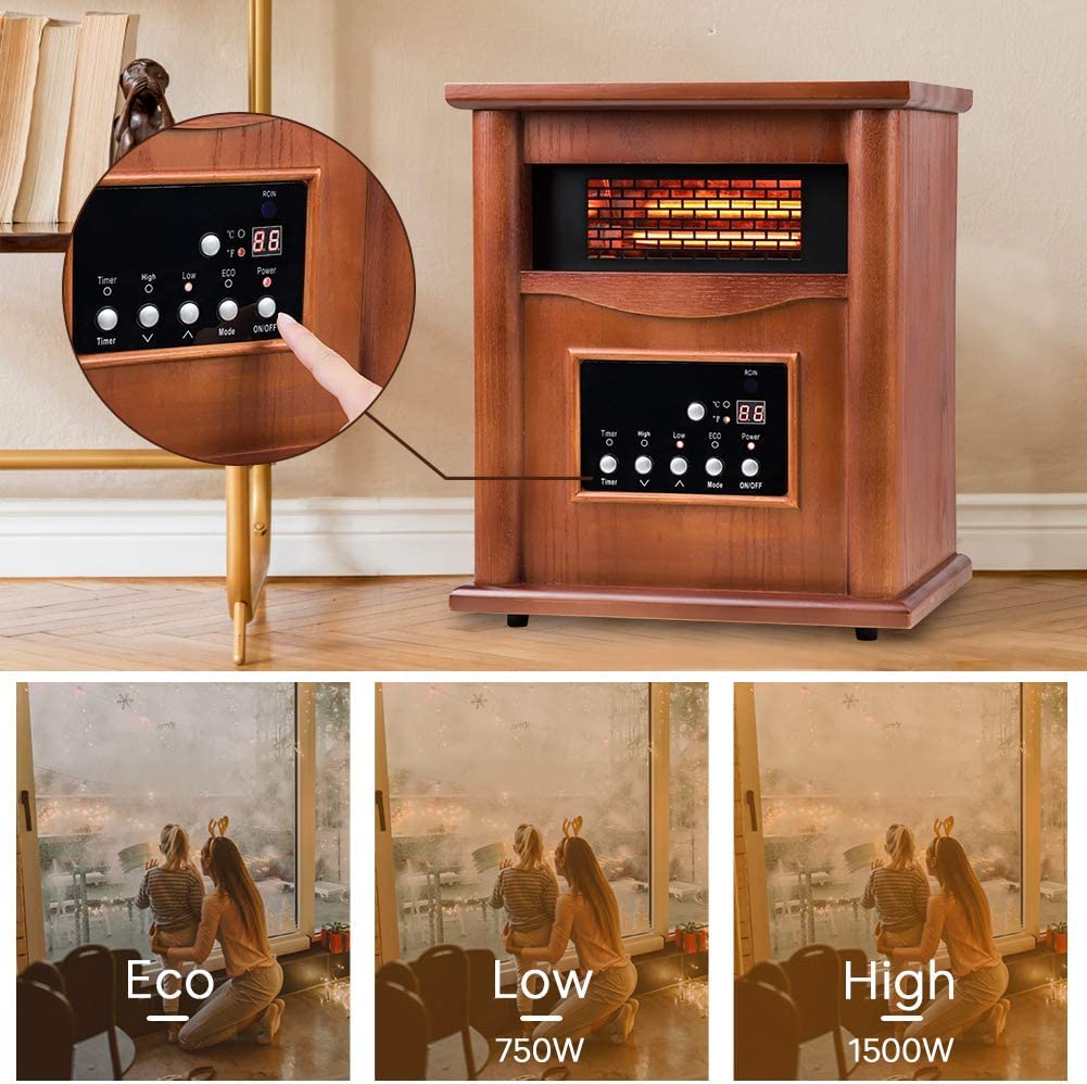 LifePlus Electric infrared Space Heaters for Indoor Room Use, 1500W Box Space Heater with Wood Frame, Remote Control and Timer, Multiple Security Protections, Nice for Living Room Home Office