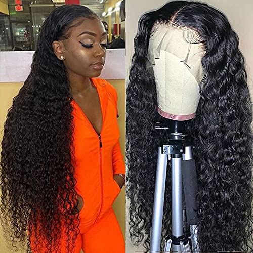Kropan 30 Inch Water Wave Lace Front Wigs Human Hair Brazilian Virgin Human Hair 13X4 Lace Frontal Wig 180% Density Pre Plucked With Baby Hair Natural Black Wigs
