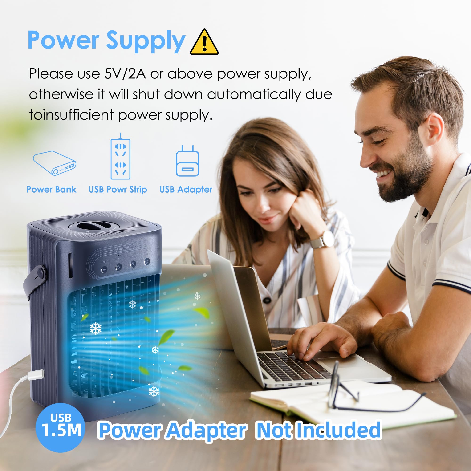 TAKSHO Portable Air Conditioner 3 Cold Wind Speeds-3 Mist Levels, 7 Color-Changing LED Lights - 10W & 32 oz Water Tank, USB-Powered Evaporative Air Cooler Unit with 2-8 Hour Timer, Portable air cooler
