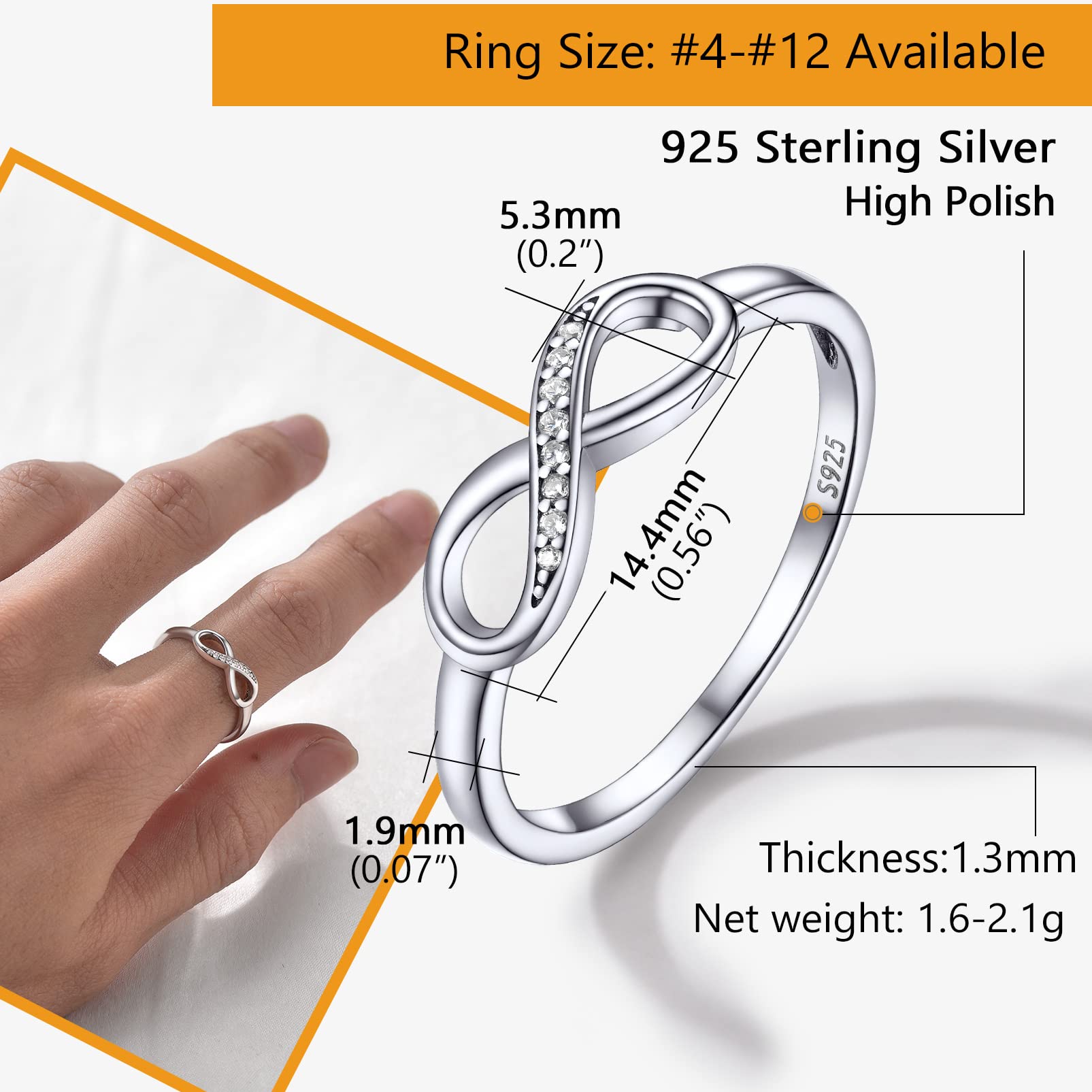 PROSILVER Wedding Band Infinity Knot Ring Cubic Zirconia Sterling Silver Dainty Sister Womans Rings Size 9