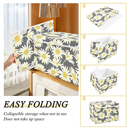 ZRWLUCKY Floral Pattern Camomile Cute White Storage Bins with Lids and Handle Durable Collapsible Storage Container Bin for Playroom, Office, Kids, Nursery