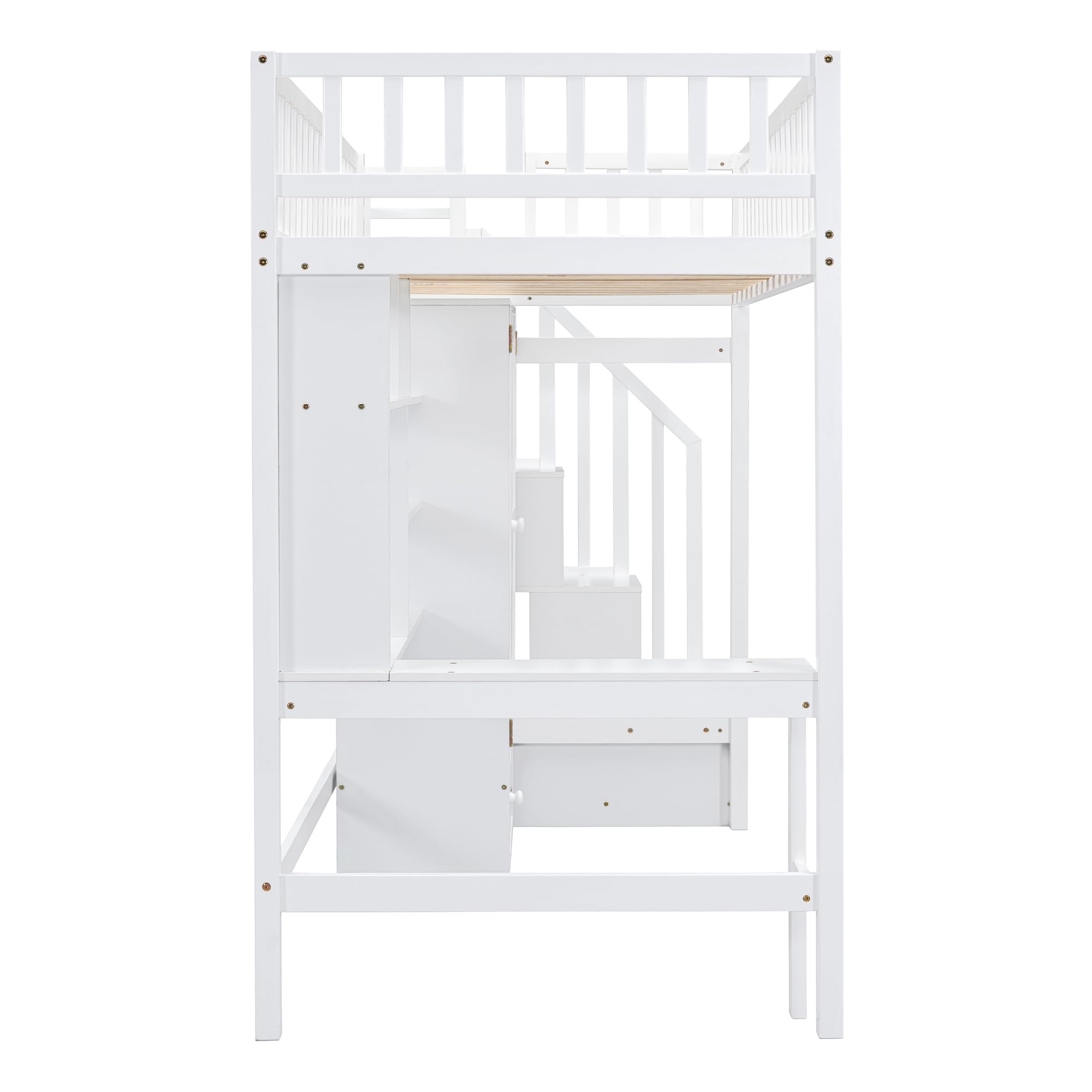 Merax Twin Loft Beds Stairway Loft Bed Frame with Wardrobe, Desk, Bookshelf and Drawers, White