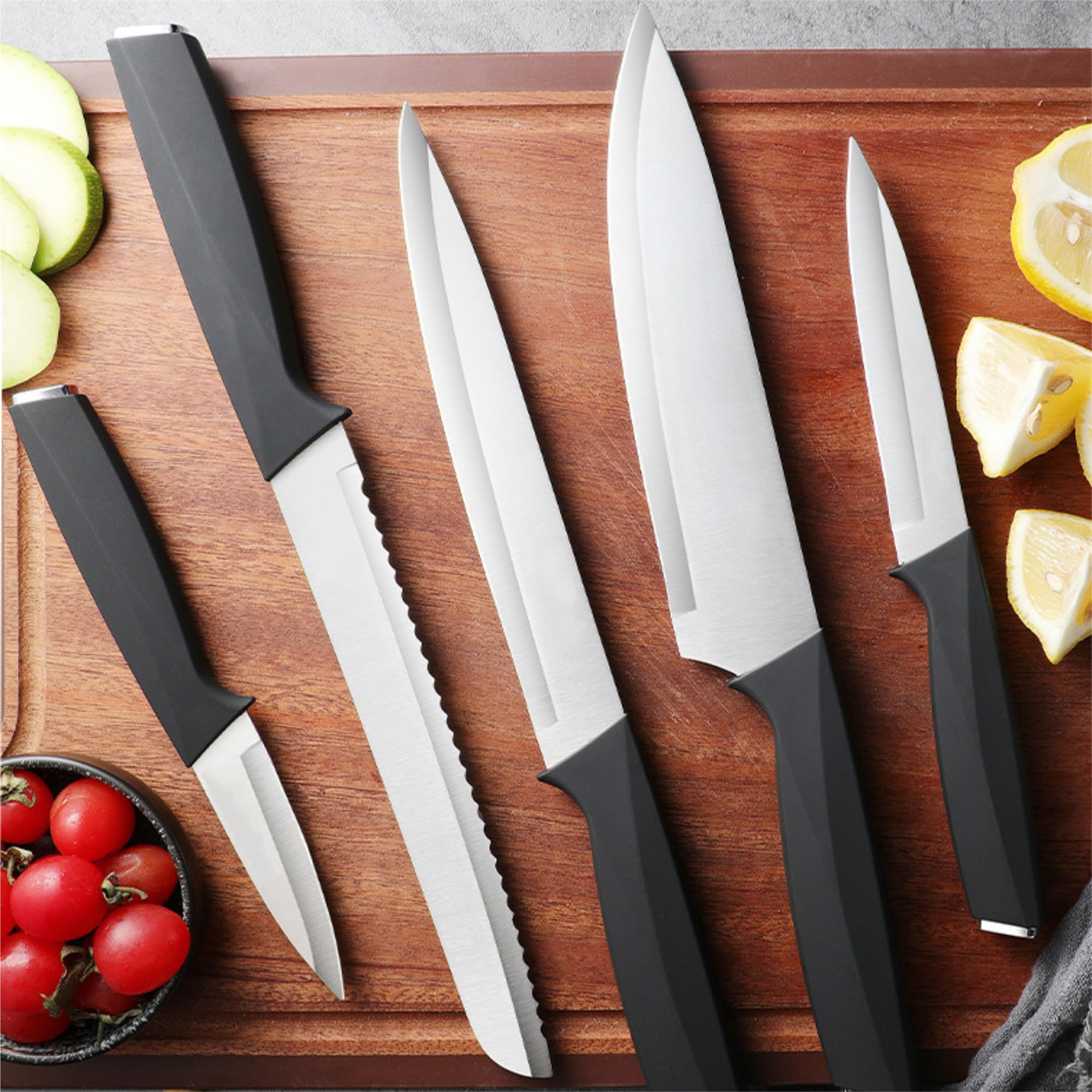 Knife Set, 6 pcs Black Kitchen Knife with Matte Acrylic Stand, Chef Knife Set Professional Home Essentials for New Apartment Kitchen Tool Gift Sets (Frosted Black)