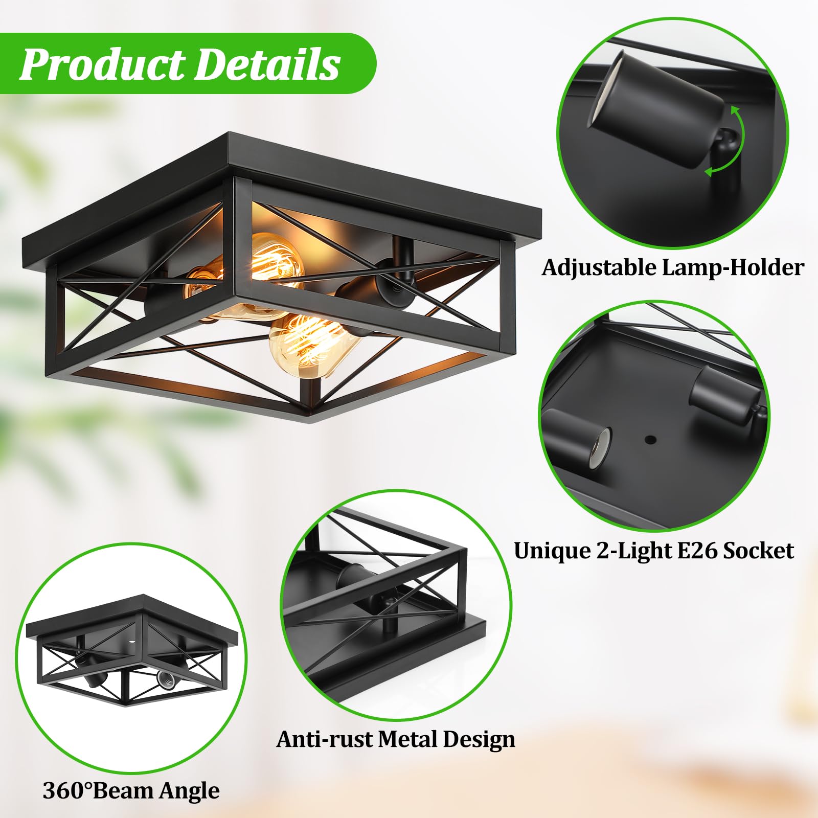 Kondras 2-Light Industrial Square Flush Mount Ceiling Light, Farmhouse Ceiling Light Fixture for Kitchen, Modern Black Close to Ceiling Light for Hallway Bedroom Balcony Porch Stairway, E26, 2-Pack