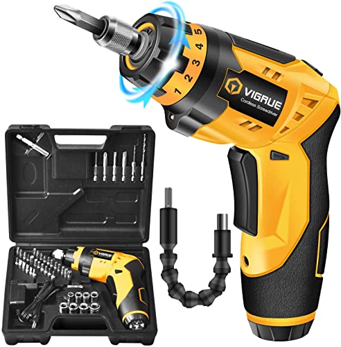 VIGRUE Cordless Screwdriver, Rechargeable Electric Screwdriver with 45 Free Accessories, Battery Indicator, 7 Torque Setting, 2 Position Handle with LED Light, Flexible Shaft