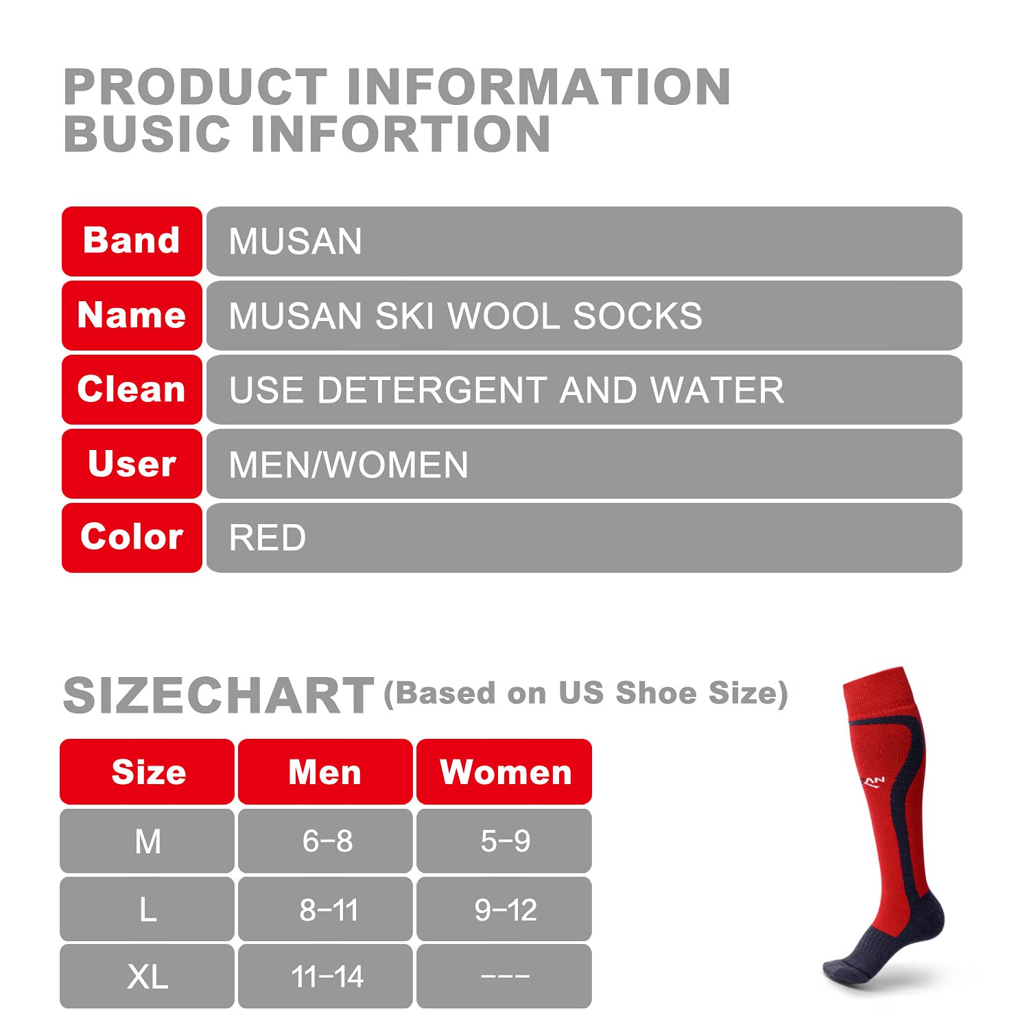 MUSAN Wool Ski Socks,Extra Warm Knee High Performance Snow Skiing/Snowboard Socks in Outdoor,Fit for Men and Women,19RED-3Pack, Size:M