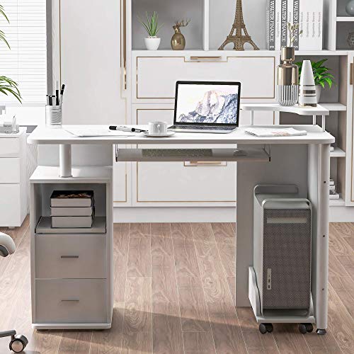 Merax White Computer Desk Table with Keyboard Tray and Drawers, LUMISOL Executive Desk for Home Office