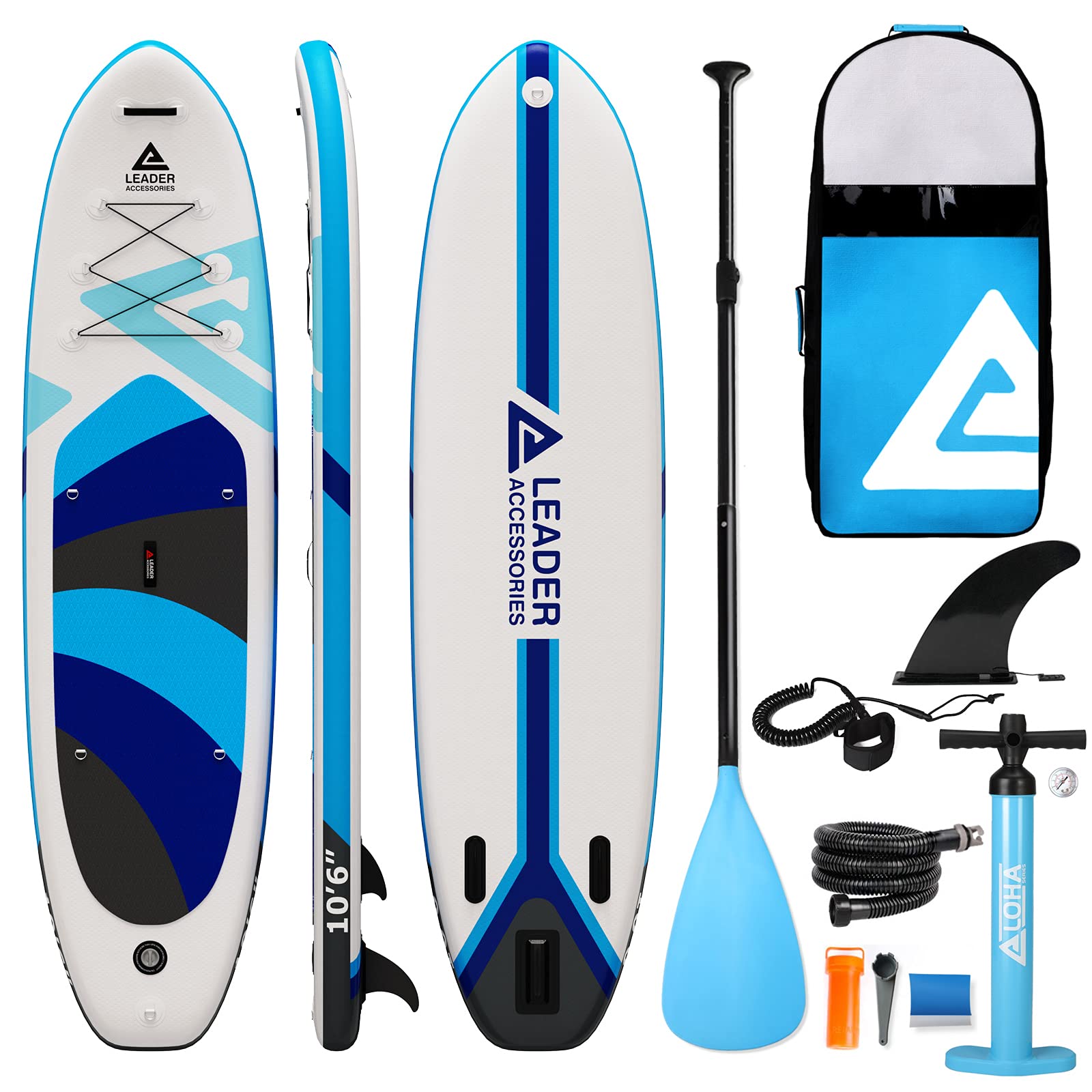 Leader Accessories Inflatable Stand Up Paddle Board 10'6"x33"x6" ISup for All Skill Levels with SUP Accessories Including Adjustable Paddle, Backpack, Leash, Hand Pump (Rainbow - Blue)