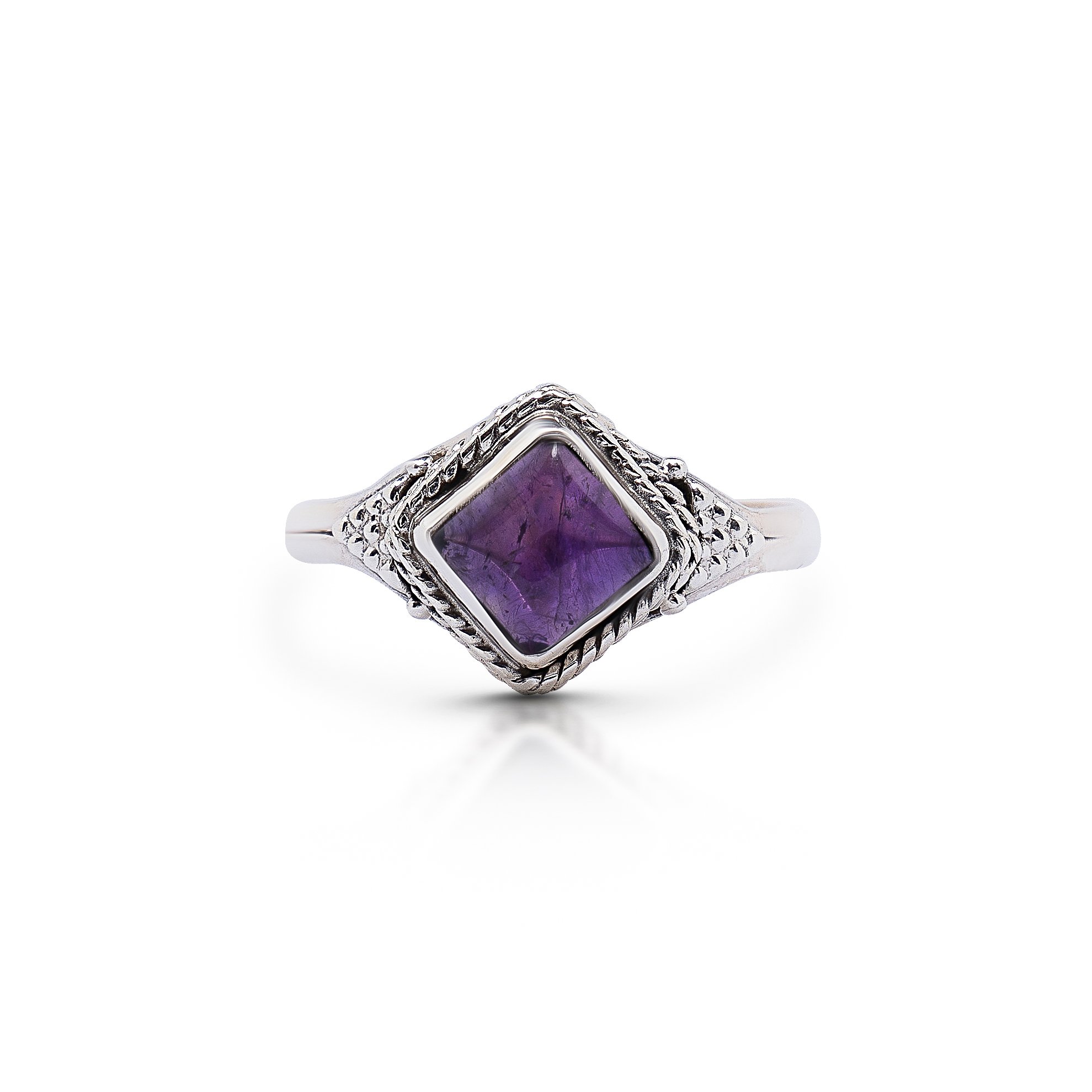 Koral Jewelry Amethyst Vintage Gipsy Small Ring 925 Sterling Silver Square Stone Boho Chic US Size 5 6 7 8 9 (7.5)