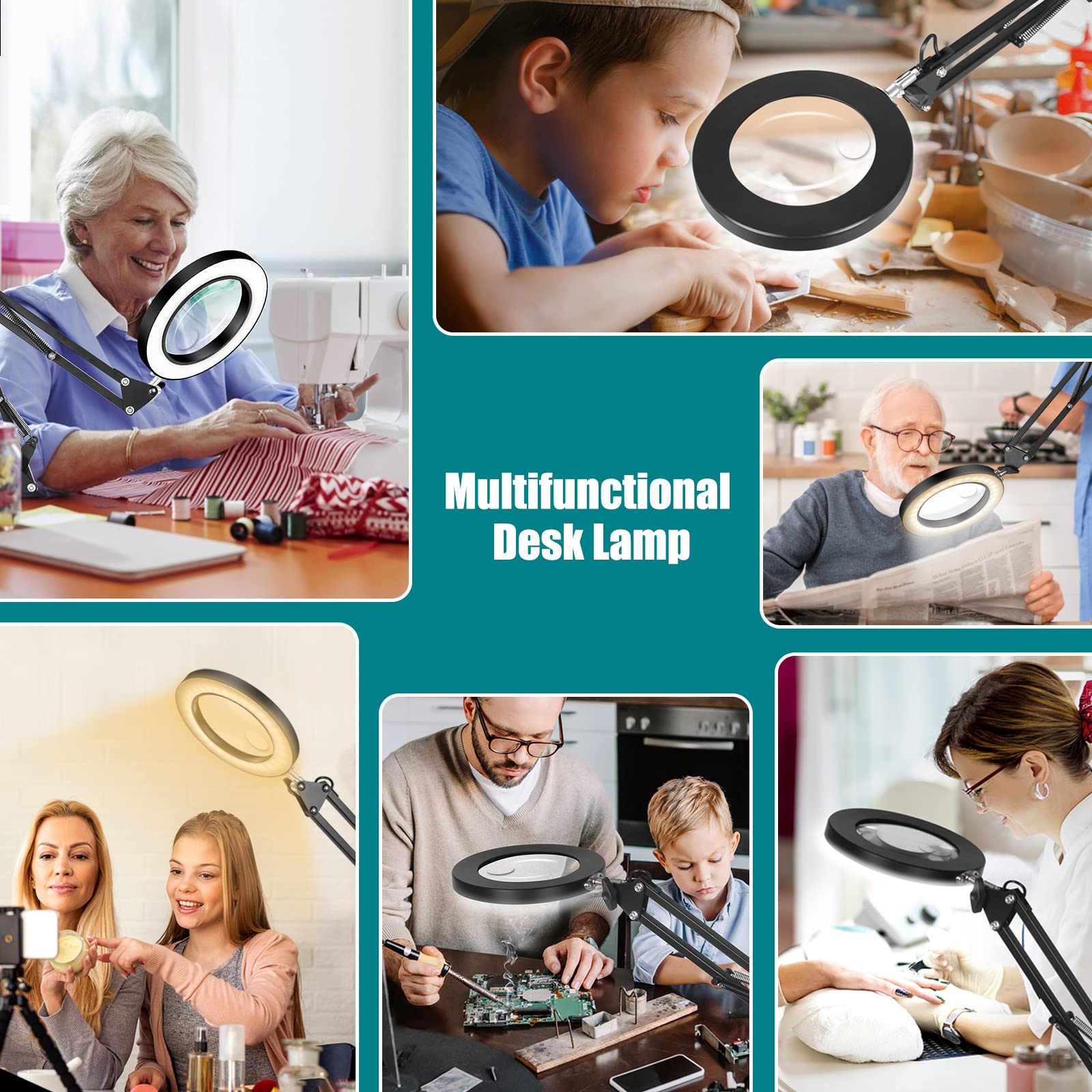Magnifying Glass with Light and Stand,5X&10x Real Glass Desktop Magnifier with Light,3 Color Stepless Dimmable Adjustable Swing Arm Lighted Magnifying Desk Lamp for Close Work,Crafts,Sewing,Soldering