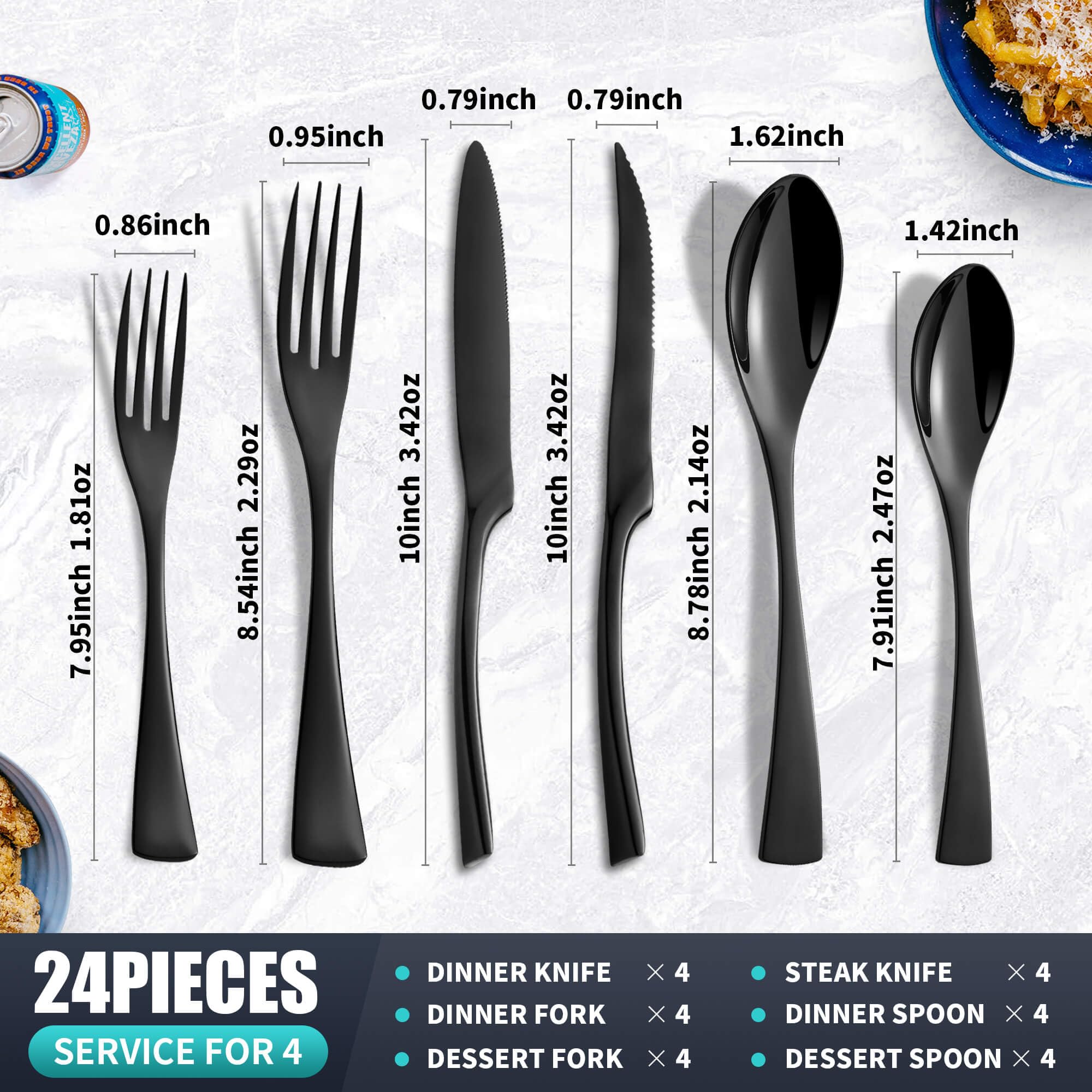 Joincook 24 Pieces Black Silverware Set with Steak Knives Service for 4,Modern 18/10 Stainless Steel Flatware Cutlery Set,Utensil Set for Home Restaurant Hotel,Mirror Polished,Dishwasher Safe