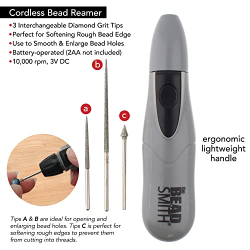 The Beadsmith Motorized Bead Reamer β Cordless: 2 AA Batteries β Included 3 Diamond Points β Use on Glass, Ceramic or Stone β Tools for Opening & Enlarging Holes & Softening & Smoothing Rough Edges