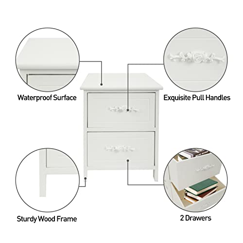 White Nightstands Set with Drawers, Wooden Night Stands Fully Assembled Modern White Night Stands with 2 Drawers, Night Stands Set of 2 for Small Space, Bedroom, Office