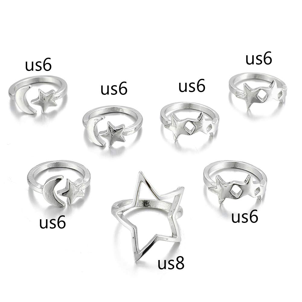 Missgrace 7PCS Silver Vintage Moon and Star Womens Knuckle Rings for Girls Stackable Joint Finger Ring Set for Women (Style 4)