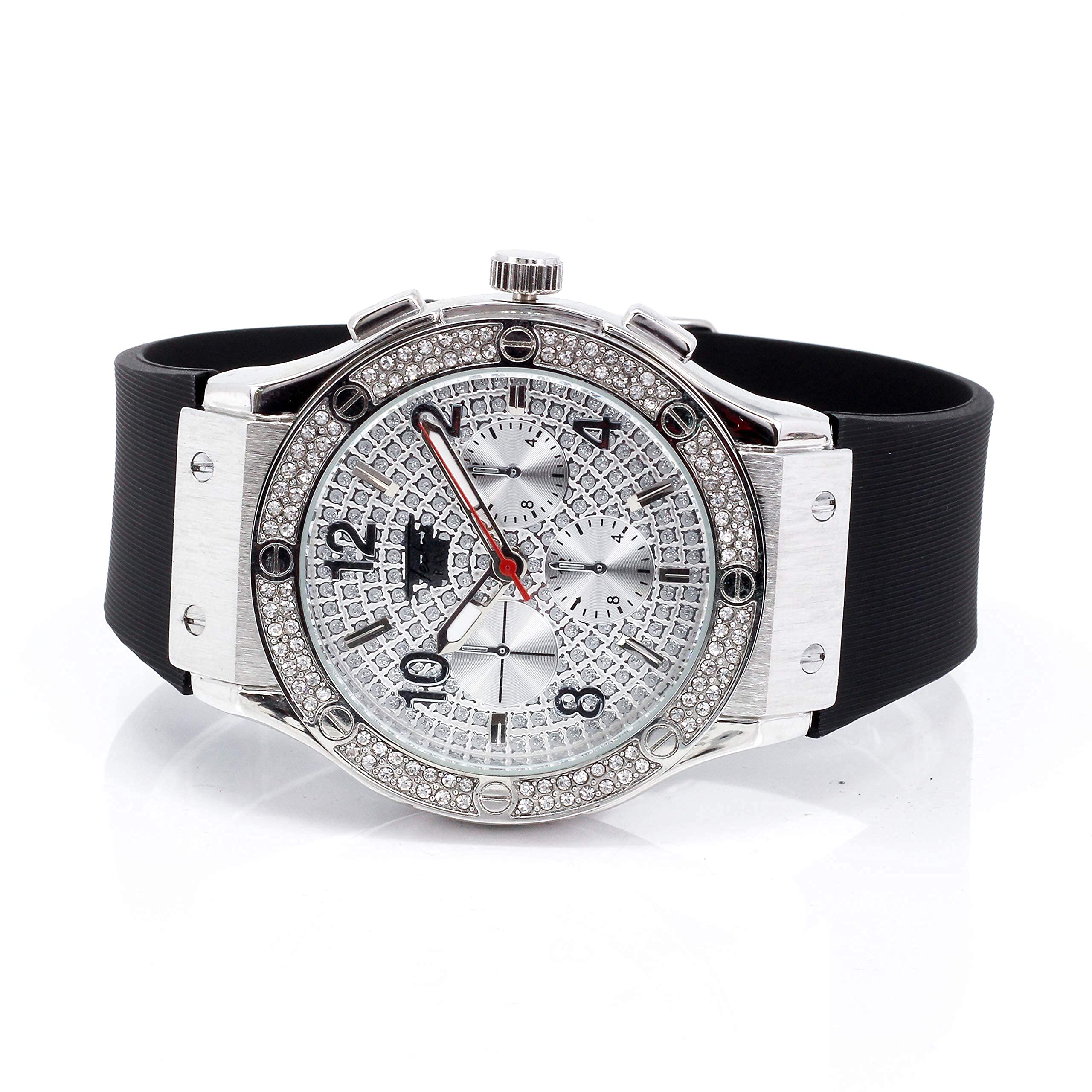 Mens Bust Down 43mm Iced Out Silicon Band Silver Watch with Chronograph Display and CZ Pave Diamonds - Solid Metal Case and Black Adjustable Band - Inspired by Rapper & Hip Hop Fashion