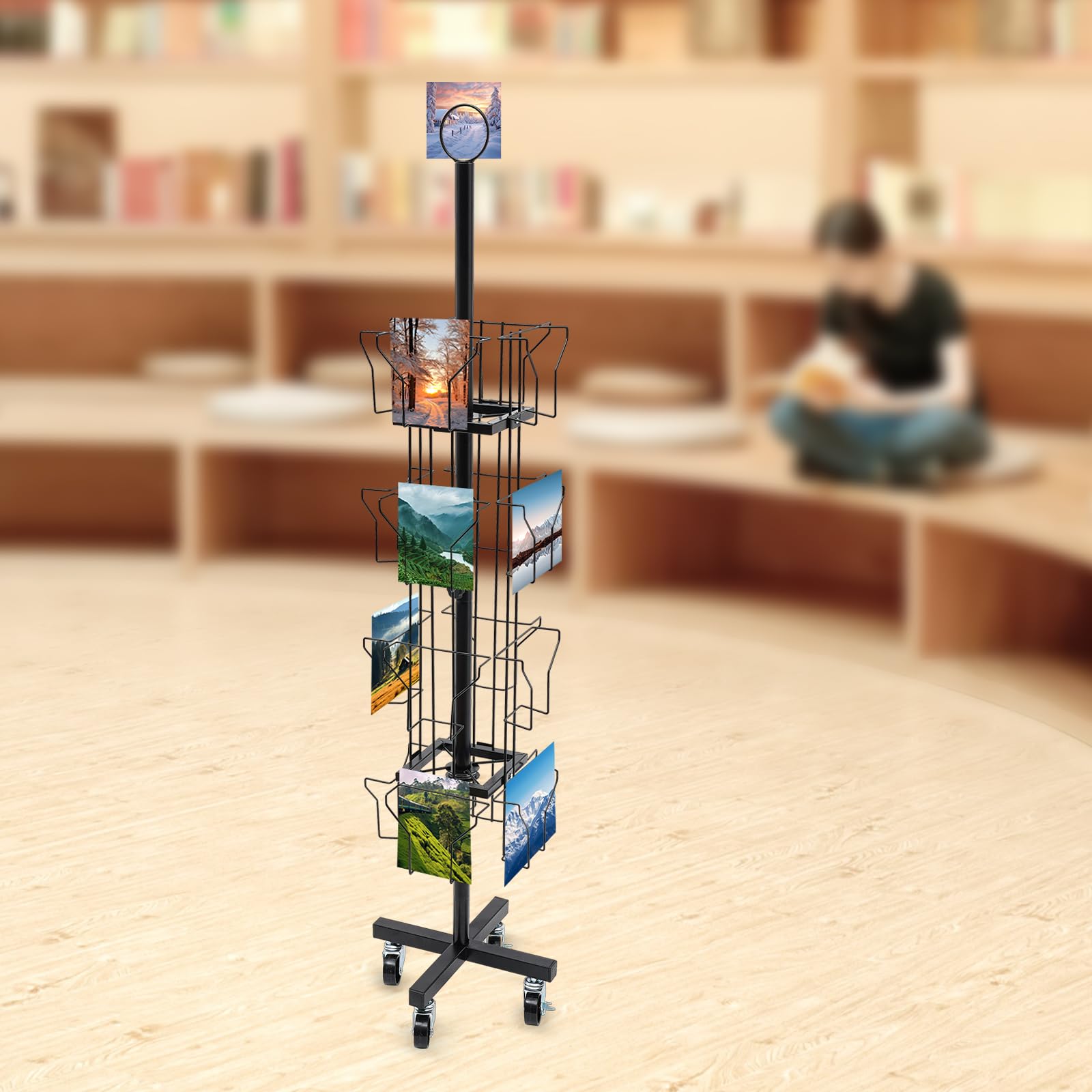 Rotating Greeting Card Display Rack, 4 Tiers Greeting Card Display Rack Christmas with 16 Pockets and 4 Wheels, Rotating Gift Card Display Rack for Vendors, Showcase, Retail, Tradeshow Black