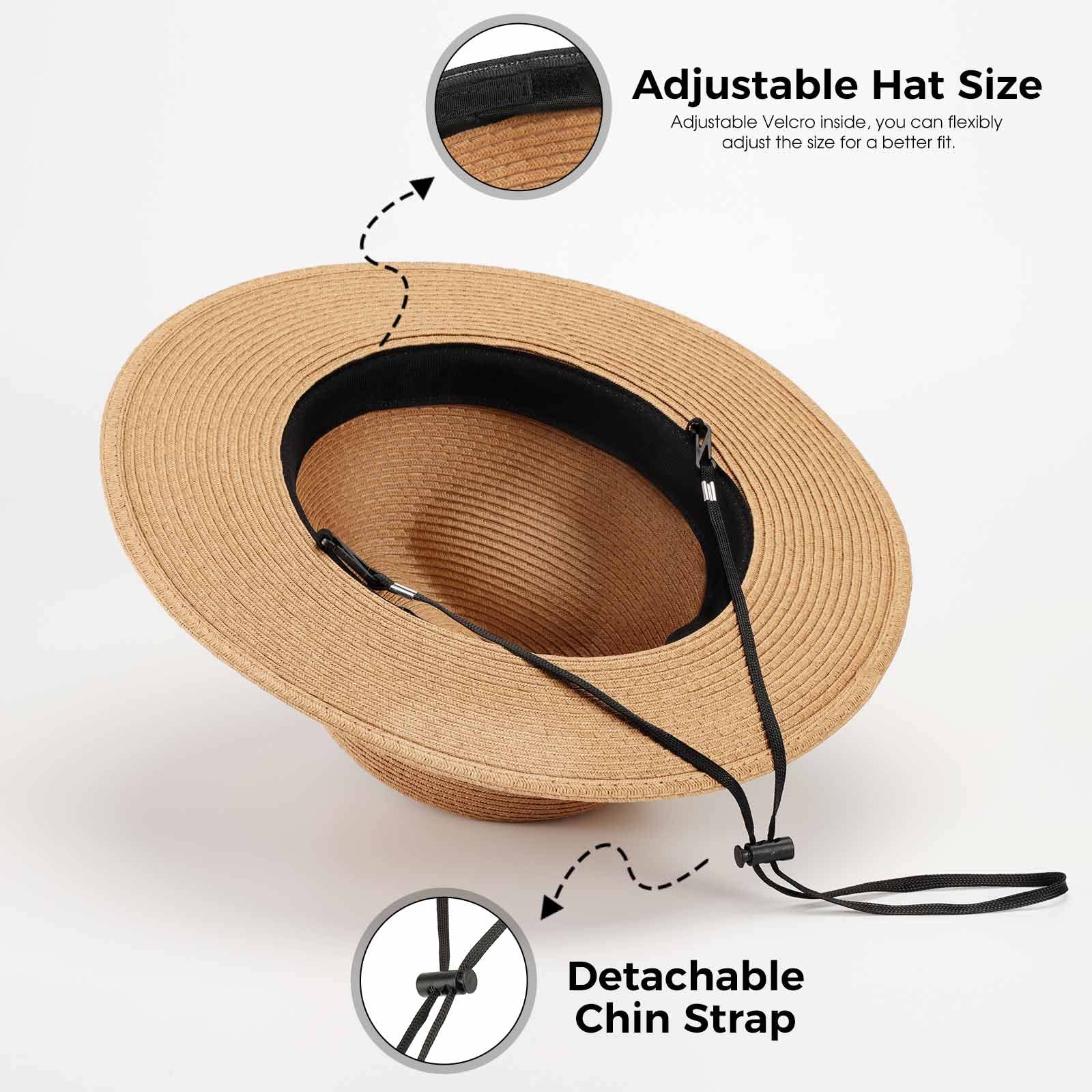Panama hat, Foldable Wide Brim Straw Summer Beach Sun Cap UPF50+ for Unisex Khaki