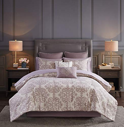 Madison Park Essential Madeline Cozy Bed in A Bag Comforter with Bonus 2 Complete Sheet Set, Jacquard Medallion Damask Design, All Season Cover, Decorative Pillow, Queen(90"x90"), Purple