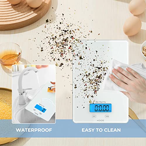 KOIOS USB Rechargeable Food Scale, 33lb/15Kg Kitchen Scale Digital Weight Grams and oz for Cooking Baking, 1g/0.1oz Precise Graduation, Waterproof Tempered Glass, 6 Weight Units, Tare Function