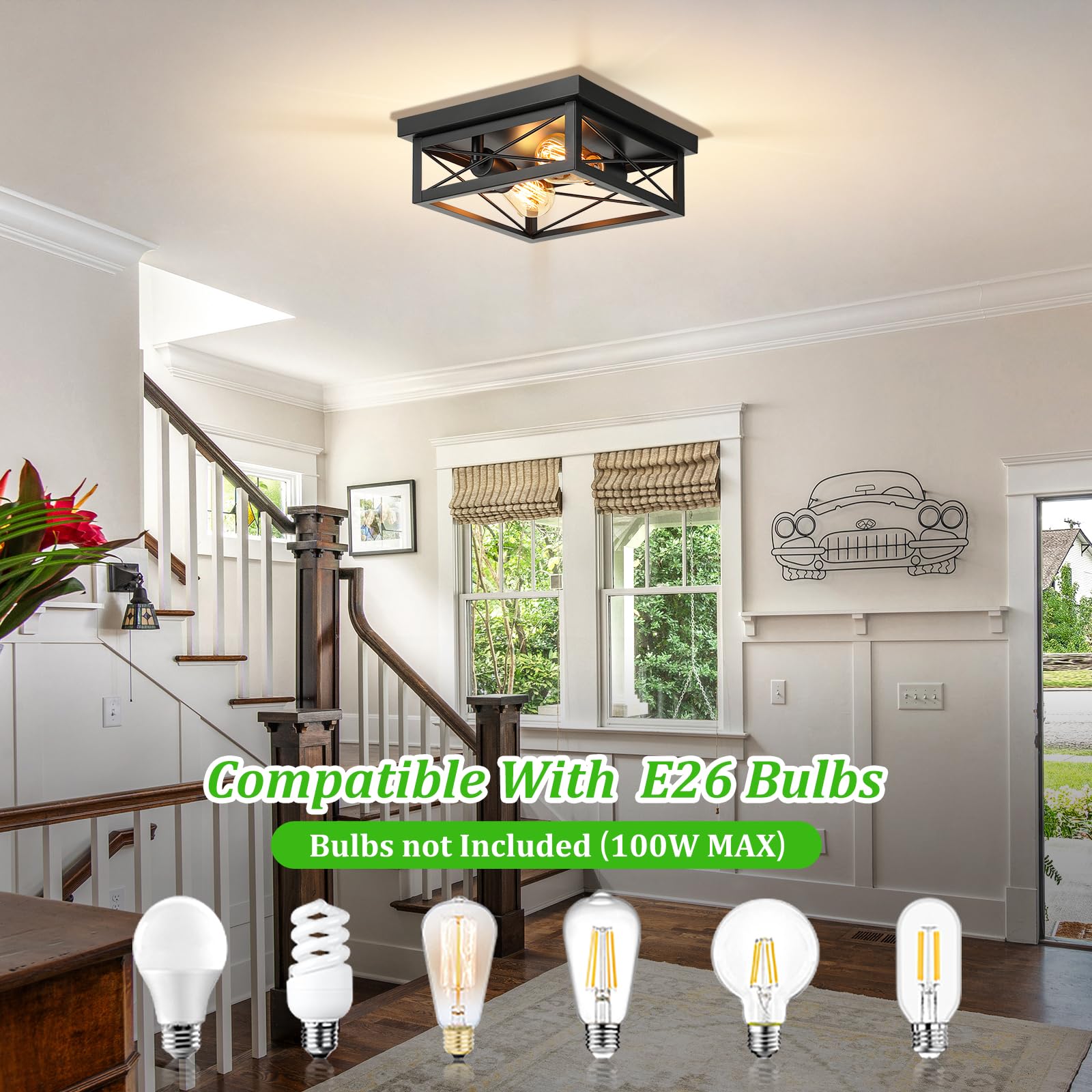 Kondras 2-Light Industrial Square Flush Mount Ceiling Light, Farmhouse Ceiling Light Fixture for Kitchen, Modern Black Close to Ceiling Light for Hallway Bedroom Balcony Porch Stairway, E26, 2-Pack