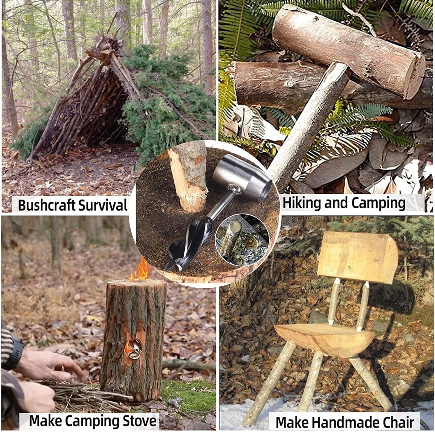 Survival Settlers Tool Bushcraft Hand Auger Wrench, Hand Auger Wrench with Flint Scotch Eye Wood Drill Peg and Manual Hole Maker Multitool with Leather Case Camping