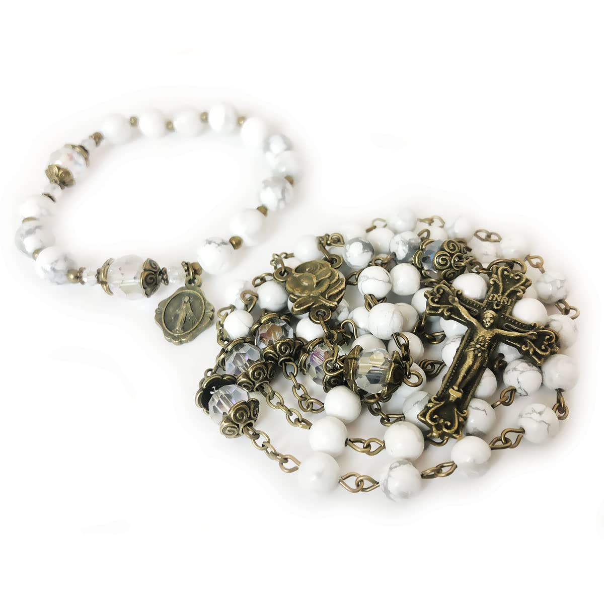 Our Lady of Lourdes White Howlite Stone Rosary Beads Catholic for Women and Rosary Bracelet for Women Set,Rosary & Miraculous Medal Bracelet,Catholic Rosary, Stone, Amethyst