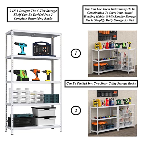 White 5-Tier Metal Shelving Unit Heavy Duty Garage Warehouse Storage Rack Workbench Strong Galvanized Metal Plates Adjustable Shelves Adjustable Layout Can Be Split Into 2 Small Utility Storage Racks