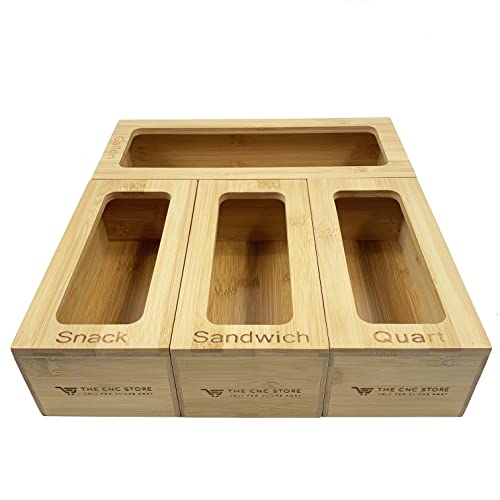 THE CNC STORE Ziplock Bag Storage Organizer| Bamboo Ziploc Bag Organizer for Kitchen Drawer| Food Baggie Holder Suitable for Gallon, Quart, Sandwich and Snack Variety Size Bags- Pack of 4