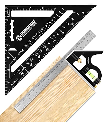 RONGPRO Rafter Square and Combination Square Tool Set, 7 Inch Triangle Carpenter Square Die-cast Aluminum Alloy and 12 Inch Zinc-Alloy Die-Casting Combo Square Ruler - Rafter Square Layout Tool