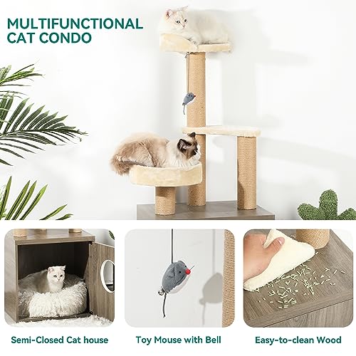 YITAHOME Litter Box Enclosure with Cat Tree, Litter Box Furniture Hidden Furniture, Mordern Cat Tower with Hammock and Scratching Post for Indoor Cats