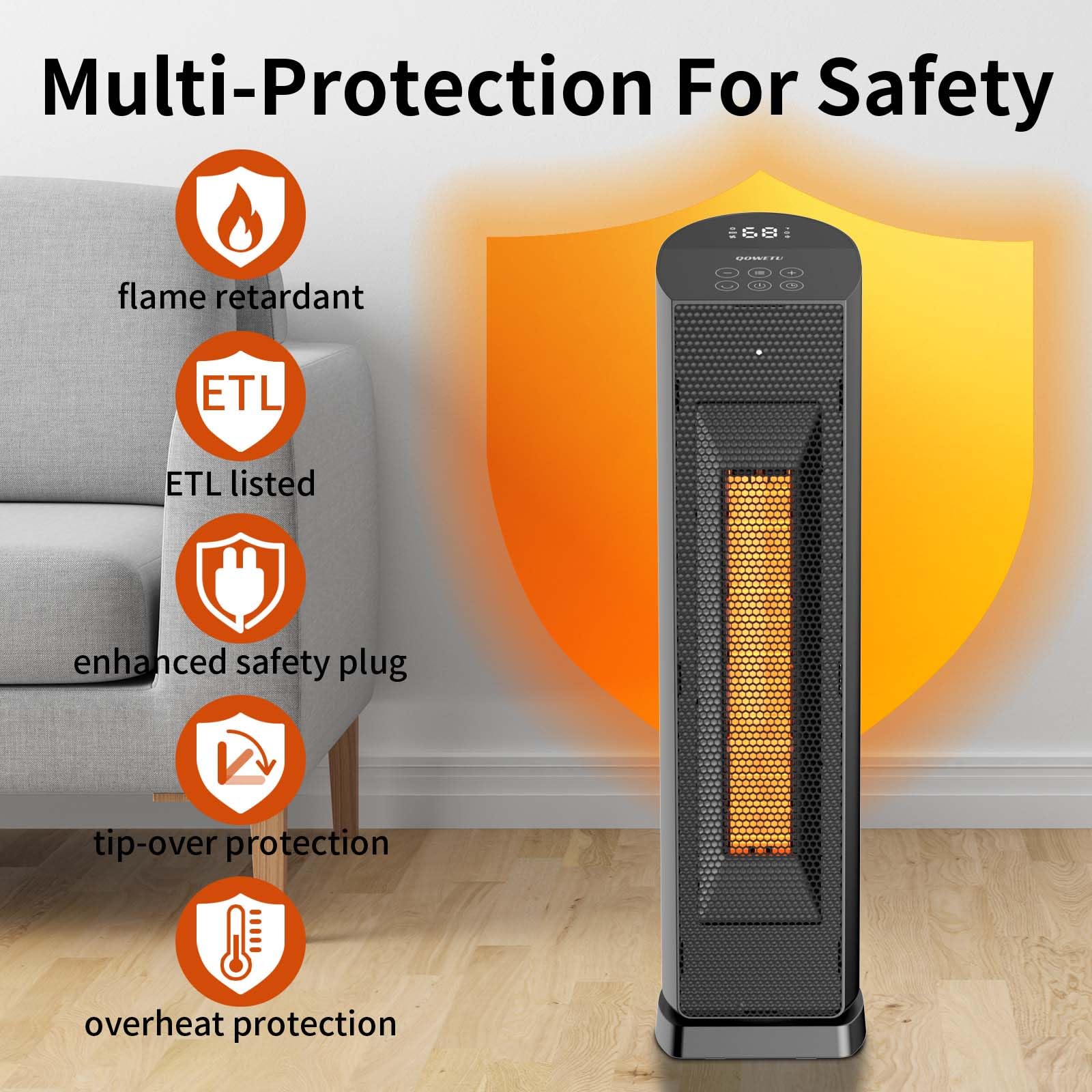 QOWETU Space Heater for Indoor Use with Remote - 90° Oscillating Tower Electric Heater, 24 Inchs, 12H Timer, 1500W Quiet PTC Ceramic Heating with Thermostat, Fast Safety Heat for Office, Home, Bedroom