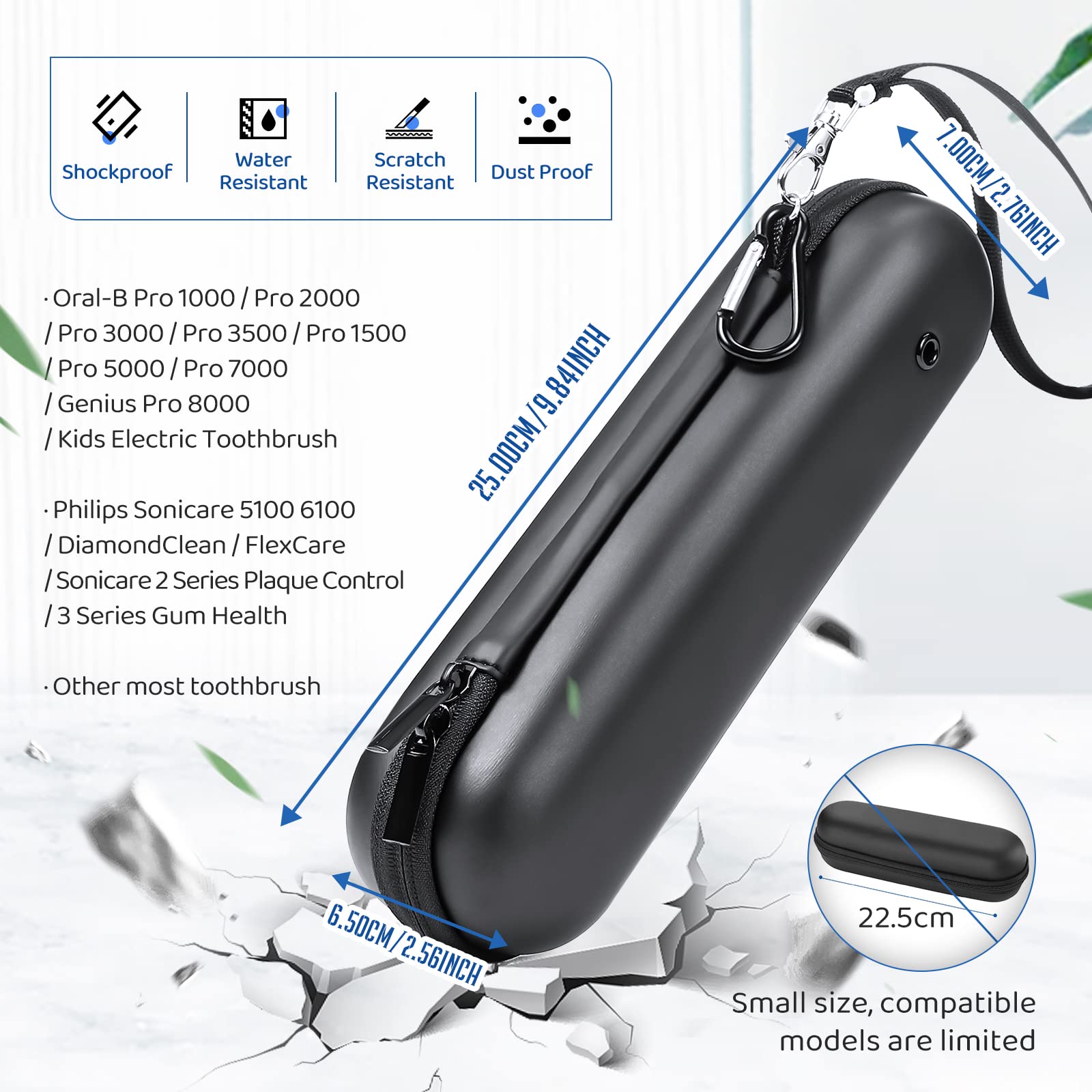 Rhino Valley Electric Toothbrush Travel Case, Hard EVA & Tin Foil Lining Carrying Case Holder Container with Strap & 2 Breathable Holes, Compatible with Oral-B/Oral-B Pro Smartseries