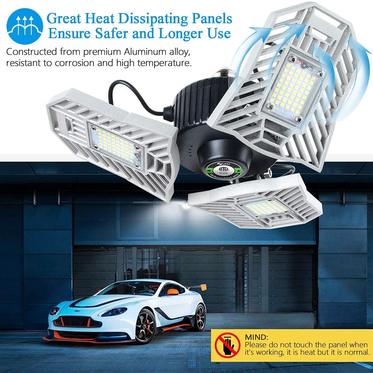 KPBOTL Illuminator 360 Led Garage Light 60W Garage Light 6000LM Screw in Light Bulb 3 Panels Ceiling Light Fixture Deformable LED Shop Light Bulb Led Light for Garage Basement Workshop Attic Barn 1