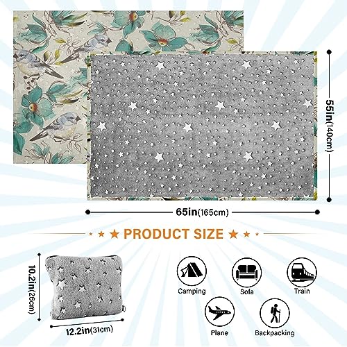 Joko Ivery Flowers Birds Premium Soft Travel Blanket Pillow Airplane Blanket with Hand Luggage Belt & Backpack Clip Car Blanket 2 in 1 for Home Train Bus Airplane