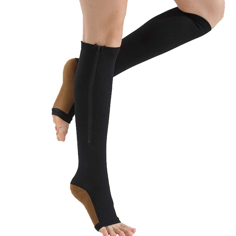 MADKING Zipper Compression Socks (2-Pack) for Men Women Open Toe Easy On Compression Support Hose Knee High, Black (XXL)