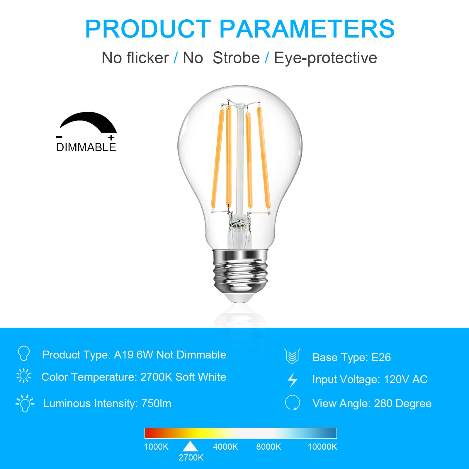 LANGREE A19 LED Light Bulb, LED Filament Bulbs, 6W(Equivalent 60 Watt), Dimmable, 2700K Soft White, E26 Medium Base Led Bulb, Standard Replacement, Pack of 6