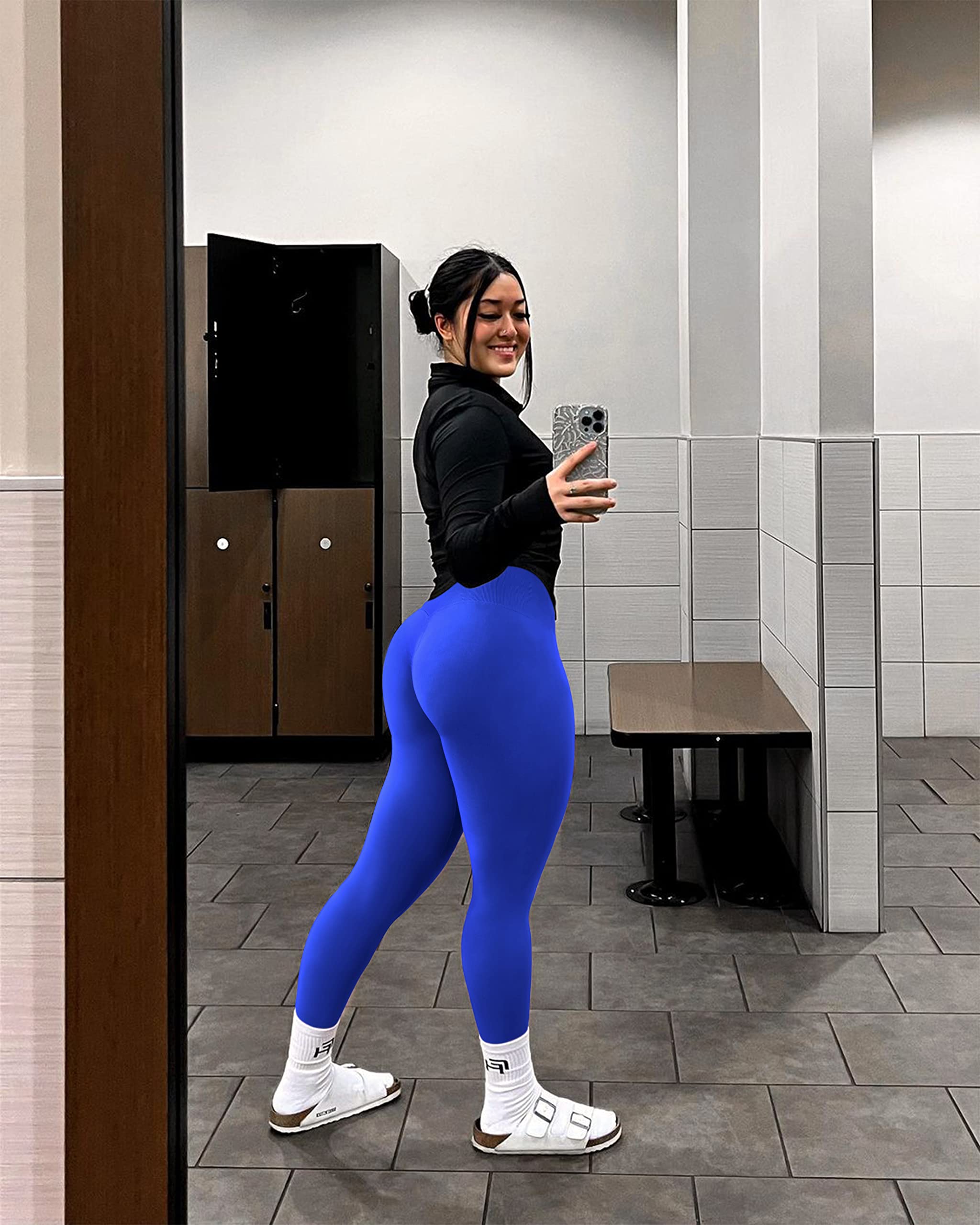 OMKAGI No Scrunch Butt Seamless Leggings for Women High Waisted Workout Yoga Pants(L,859-Peacock Blue)