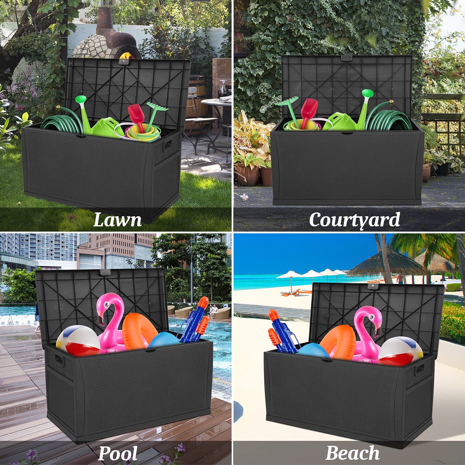 VINGLI Upgraded 120 Gallon Outdoor Storage Box, Lockable Plastic Storage Containers with Lid, Rattan Grain Surface Deck Box Patio Furniture for Garden, Pool, Balcony, Yard (Black)