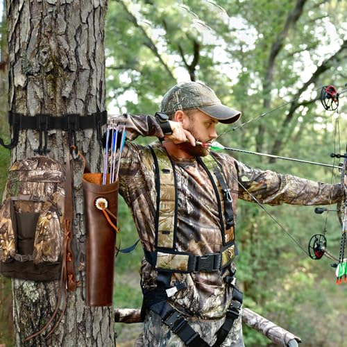 whumsdog Bow Hanger for Tree Stand, Treestand Strap Hunting Gear Hanger, Bow Hunting Tree Stand Accessories Holder with 4 Metal Hooks for Gears Bow Quiver Backpack Tree Saddle