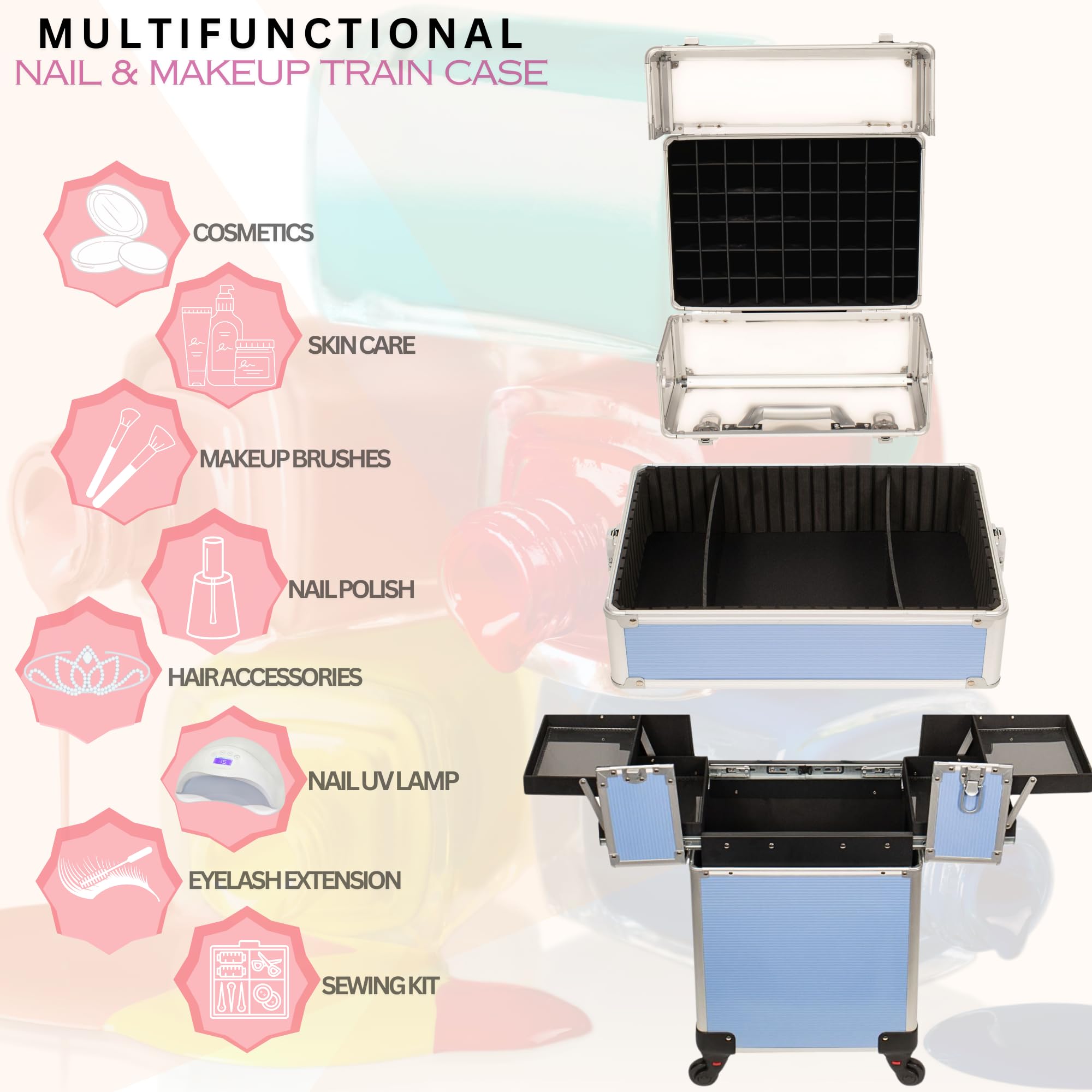 Ver Beauty 7 in 1 Professional Rolling Makeup Nail Tech Travel Case Cosmetic Organizer Storage Clear Acrylic Panel with 4 Wheels Nail Polish Holder and Extra Lid (Lavender Stripe)